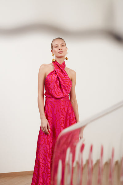 HEIDI red fuchsia abstract print midi open back dress | UNDRESS