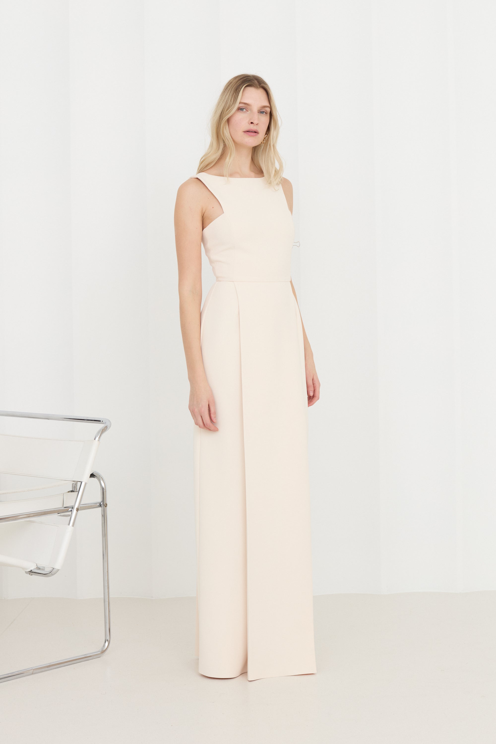 Pastel Cream Long Dress With Pleated Skirt SONORA | UNDRESS