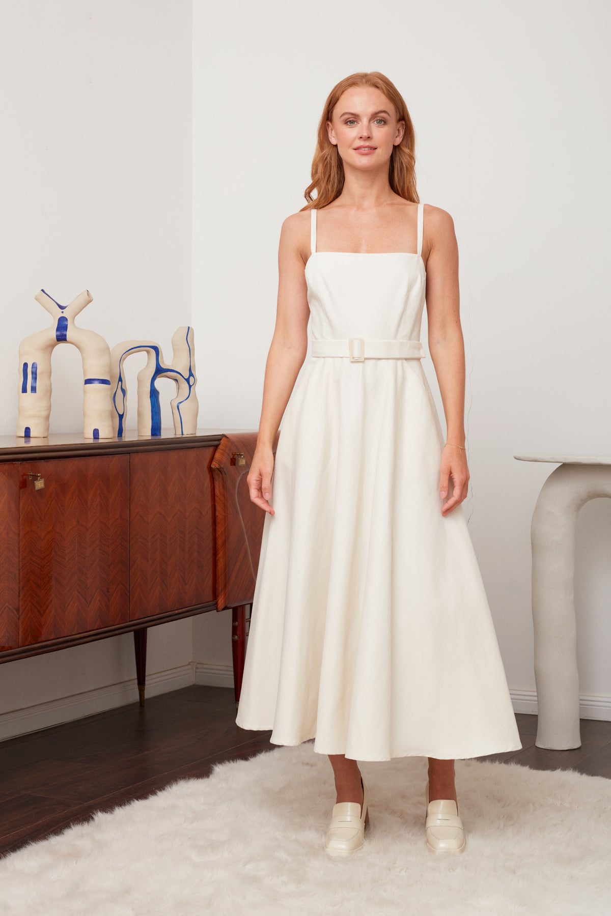 White Denim Midi Dress with Circle Skirt MATISSA | UNDRESS