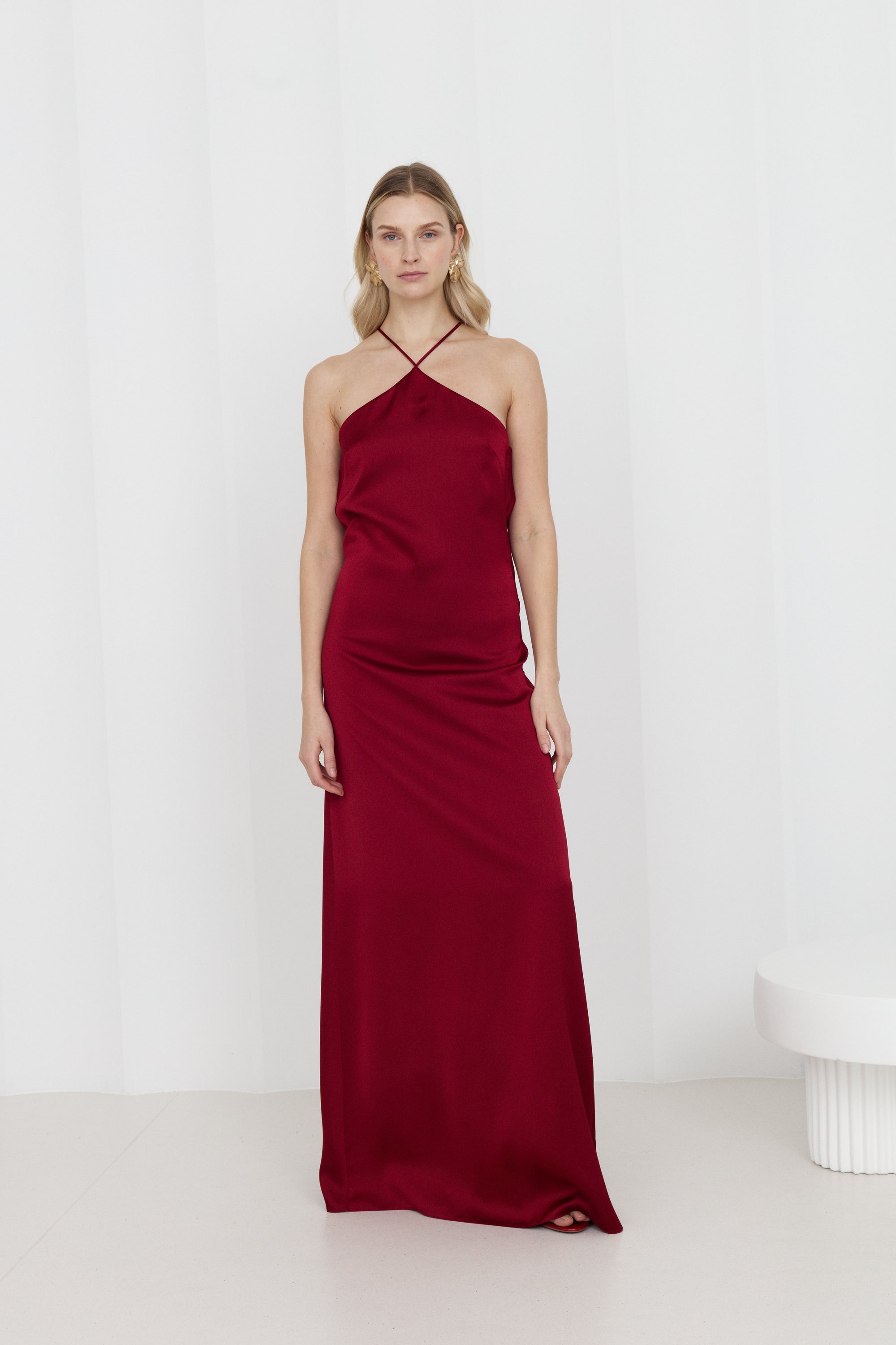 VERA Red Maxi Evening Dress with Draped Back