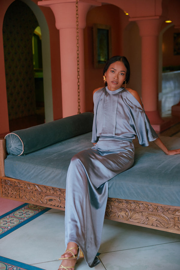 DEVA Stone Blue Cold Shoulder Maxi Dress With Butterfly Sleeves