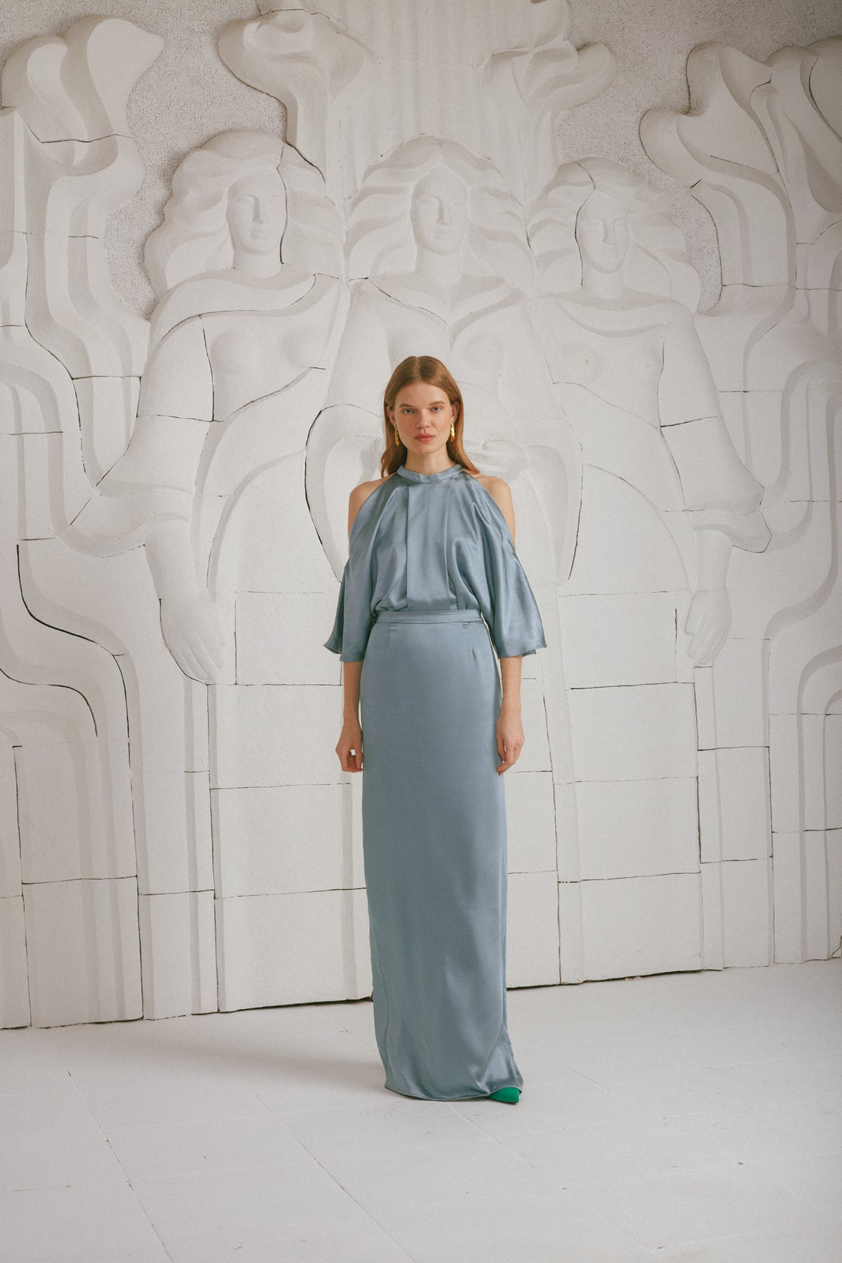 DEVA Stone Blue Cold Shoulder Maxi Dress With Butterfly Sleeves